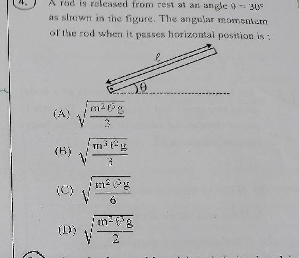 A rod is released from rest at an angle θ=30∘ as shown in the figure. The..