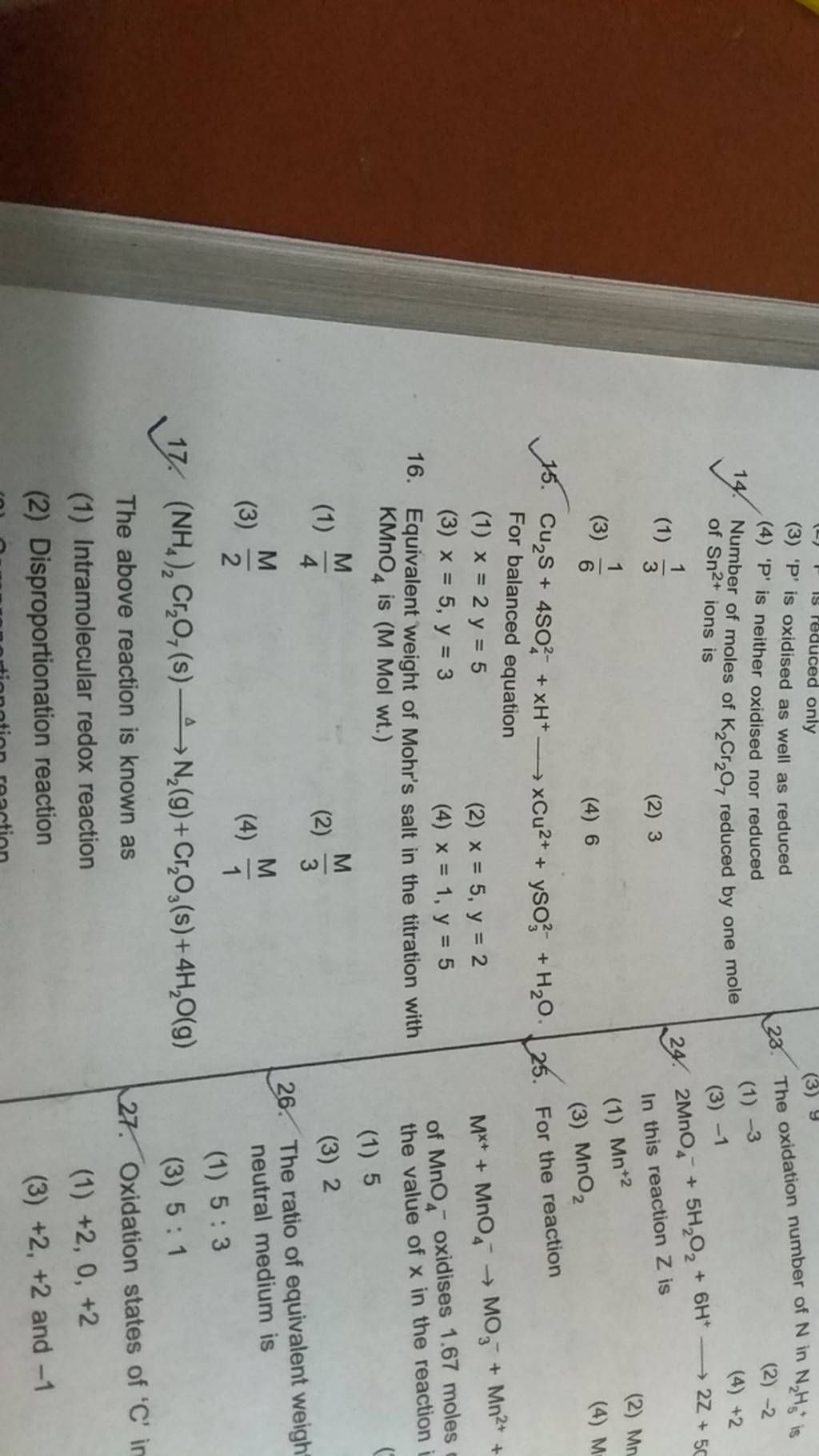 Number Of Moles Of K2 Cr2 O7 Reduced By One Mole 23 The Oxidation Numbe