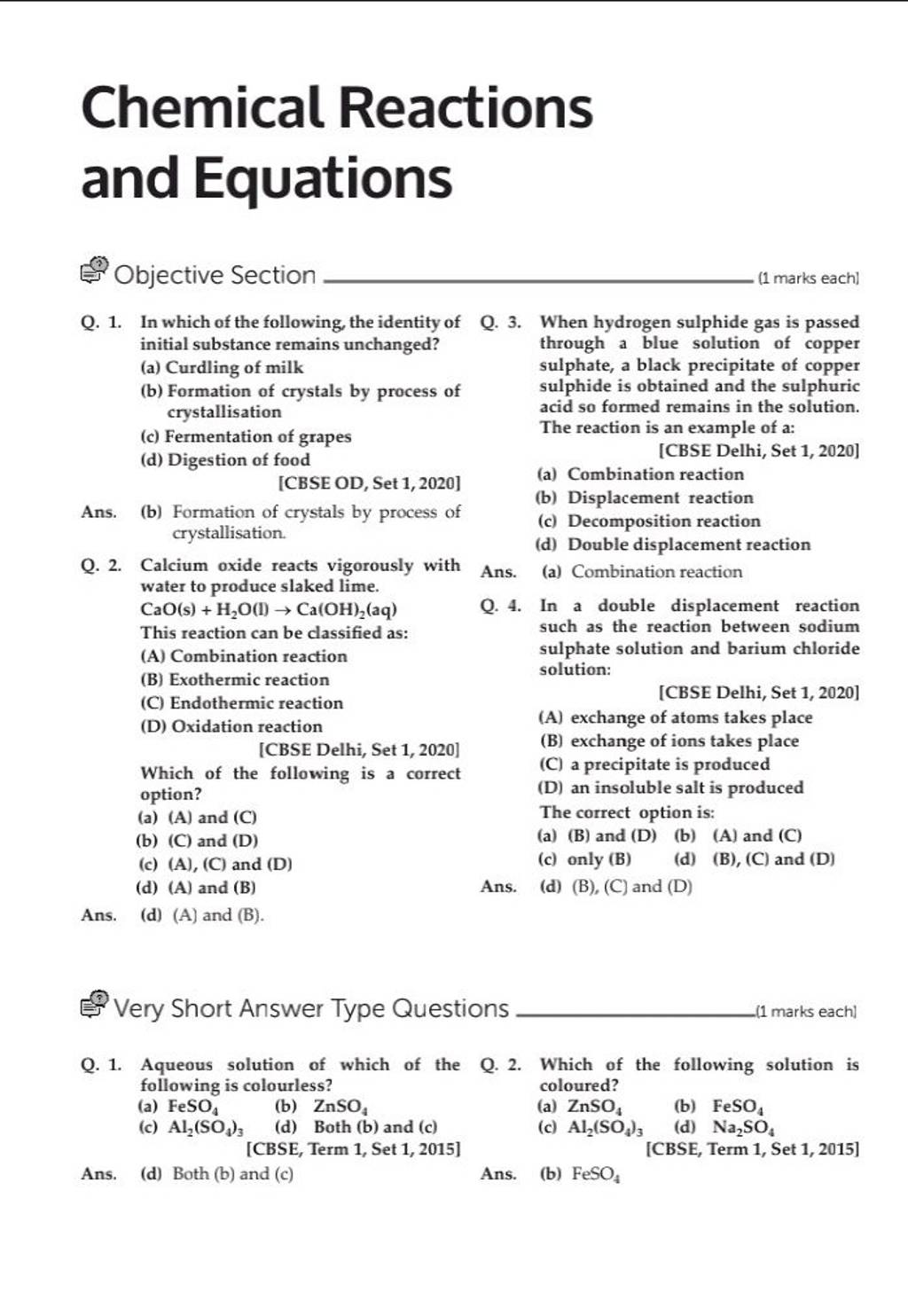 2. Calcium oxide reacts vigorously with Ans. (a) Combination reaction wat..