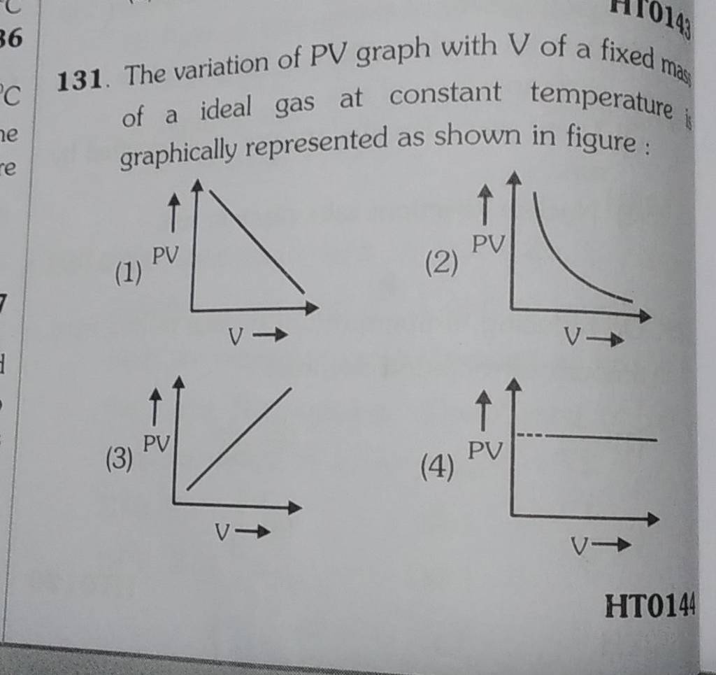 The variation of PV graph with V of a fixed mave of a ideal gas at cons..