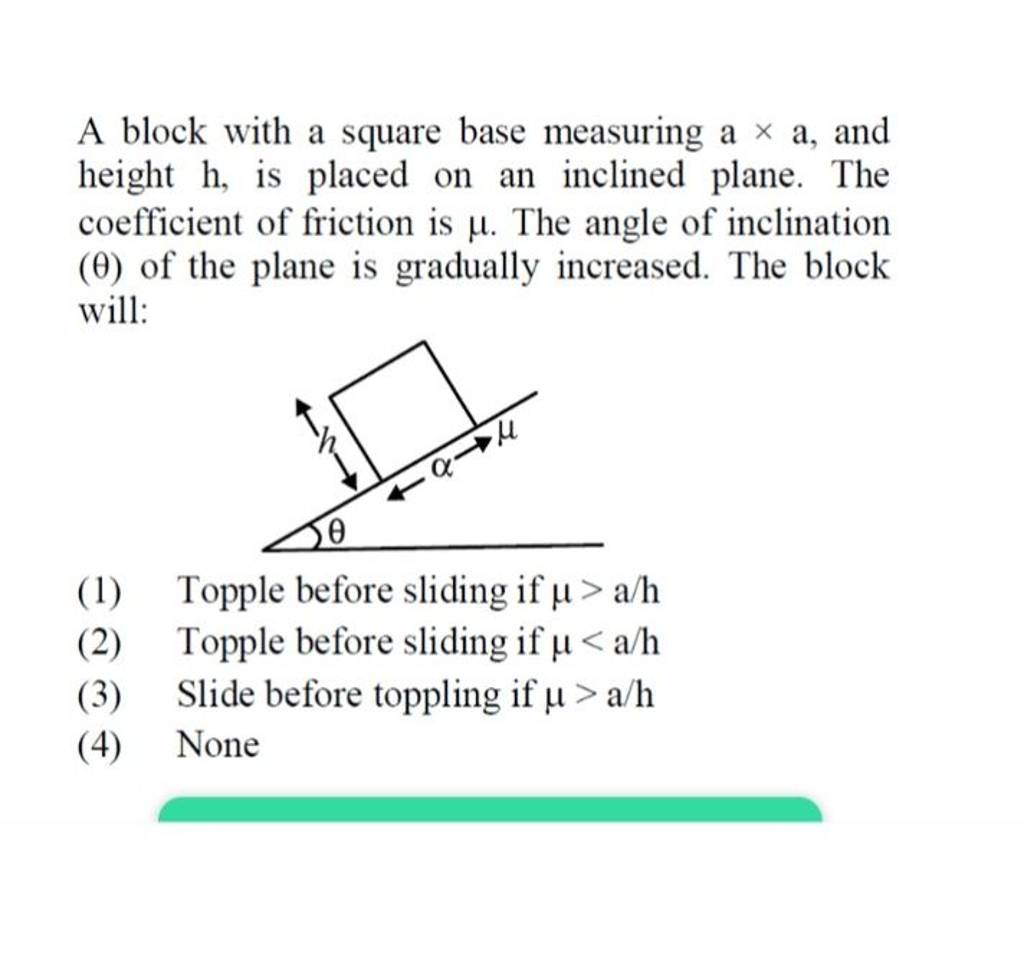 A block with a square base measuring a × a, and height h, is placed on an..