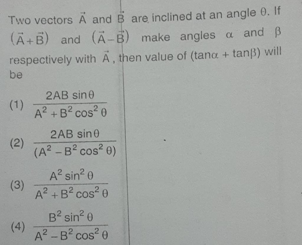 Two vectors A and B are inclined at an angle θ. If (A+B) and (A−B) make a..