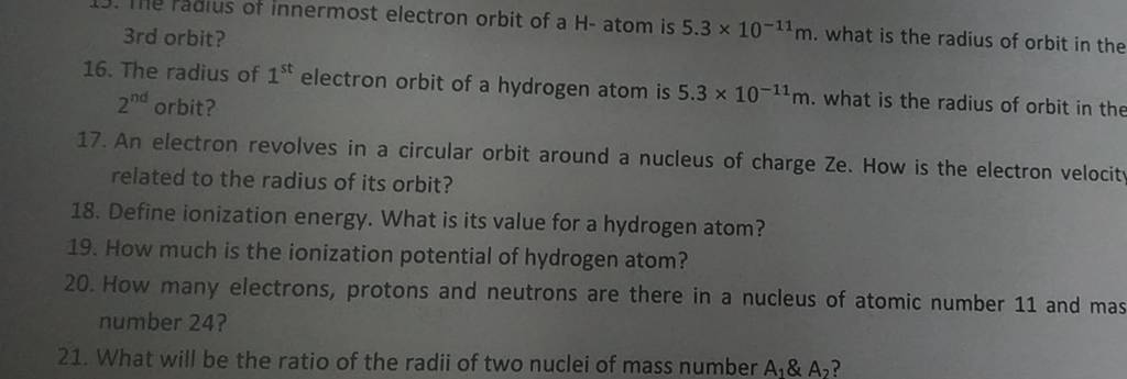 3rd Orbit 16 The Radius Of 1st Electron Orbit Of A Hydrogen Atom Is 5