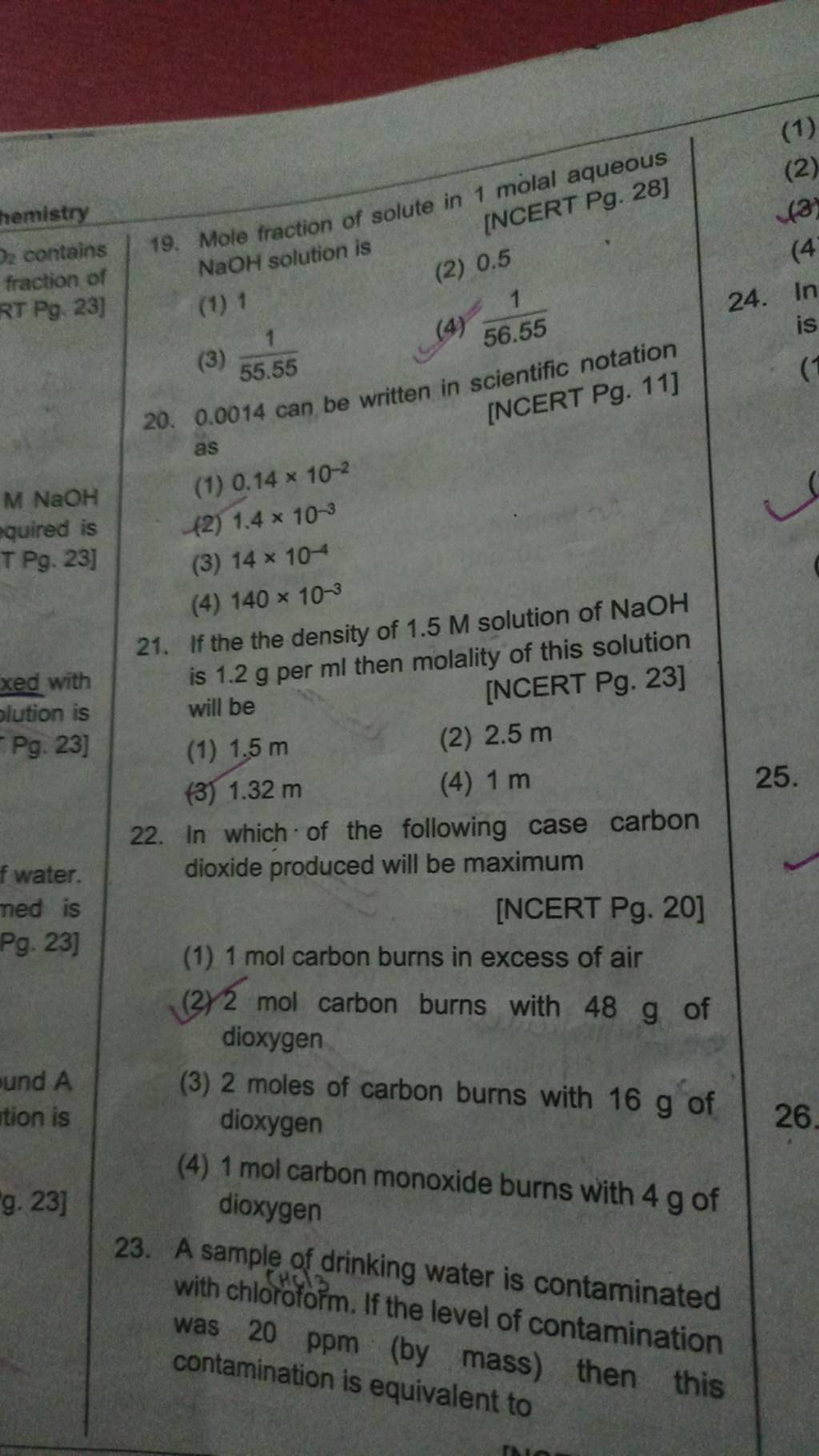 Mole fraction of solute in 1 molal aqueous [NCERT PG. 28] NaOH solution i..