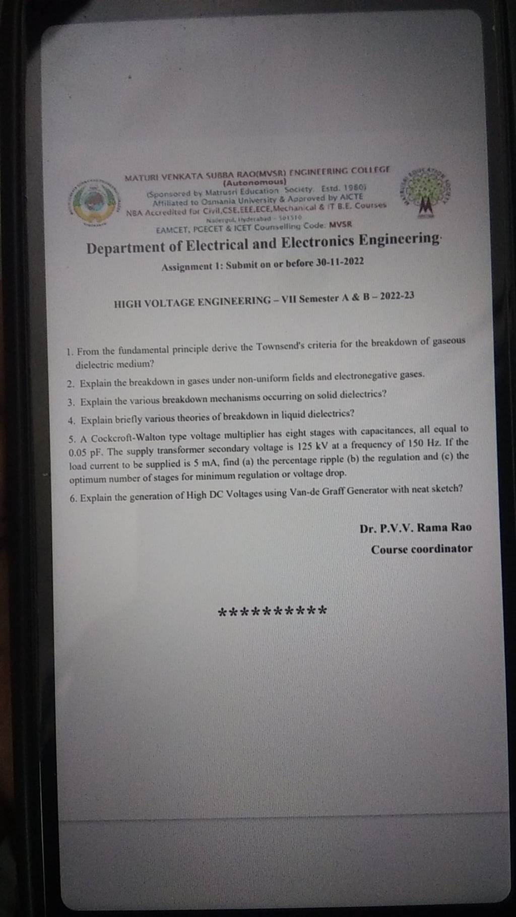 MATURI VENKATA SUBRA RAO(MVSR) ENGINECRING COIIFGR (Autonomous) Sponsored..