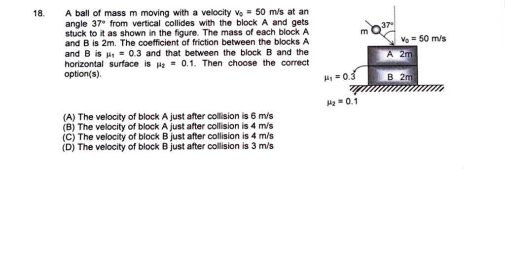 A ball of mass m moving with a velocity v0 =50 m/s at an angle 37∘ from v..