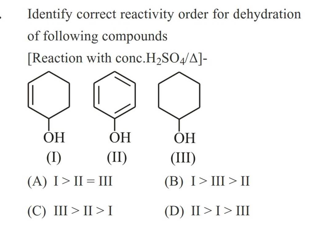 Identify correct reactivity order for dehydration of following compounds