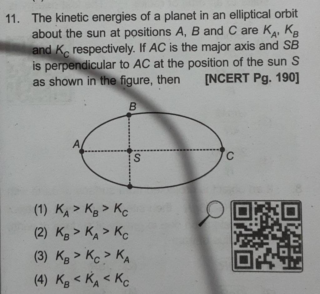 The kinetic energies of a planet in an elliptical orbit about the sun at