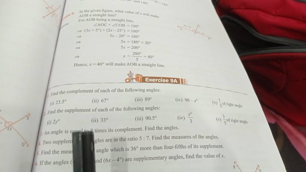 In the given figure, what value of x will make AOB a straight line? For A..