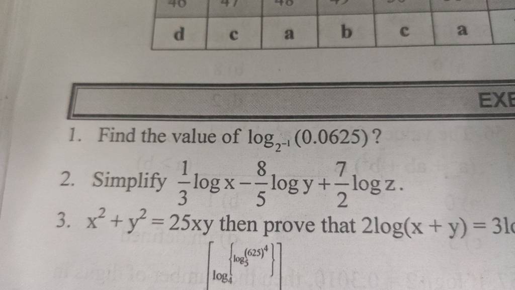 1. Find the value of log2−1 (0.0625) ? 2. Simplify 31 logx−58 logy+27 log..