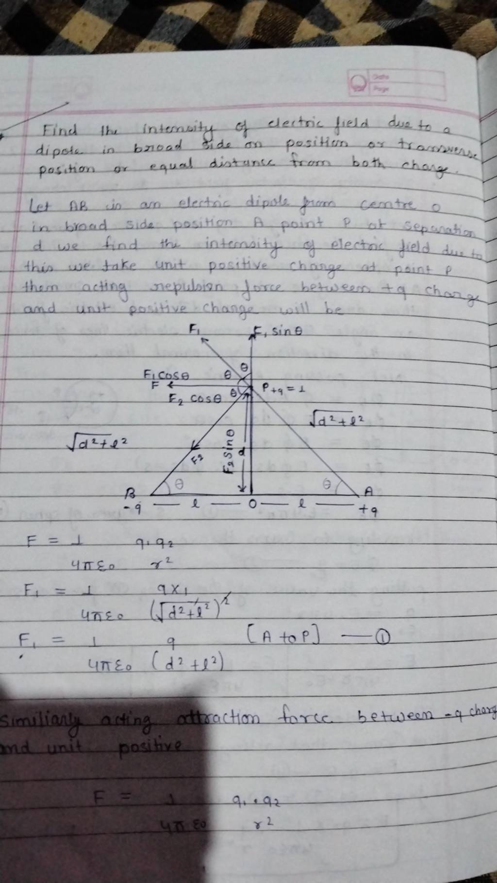 Find the intenoity of electric field due to a dipole in broad side on pos..