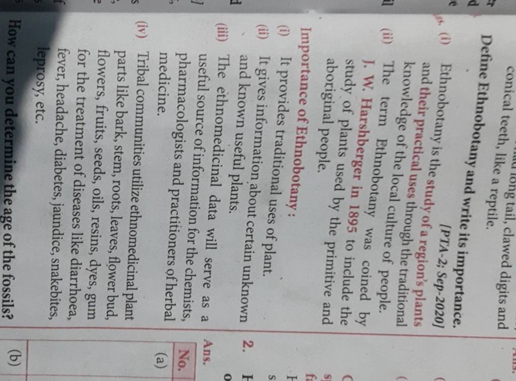 conical teeth, like ang tail, clawed digits and Define Ethnobotany and wr..