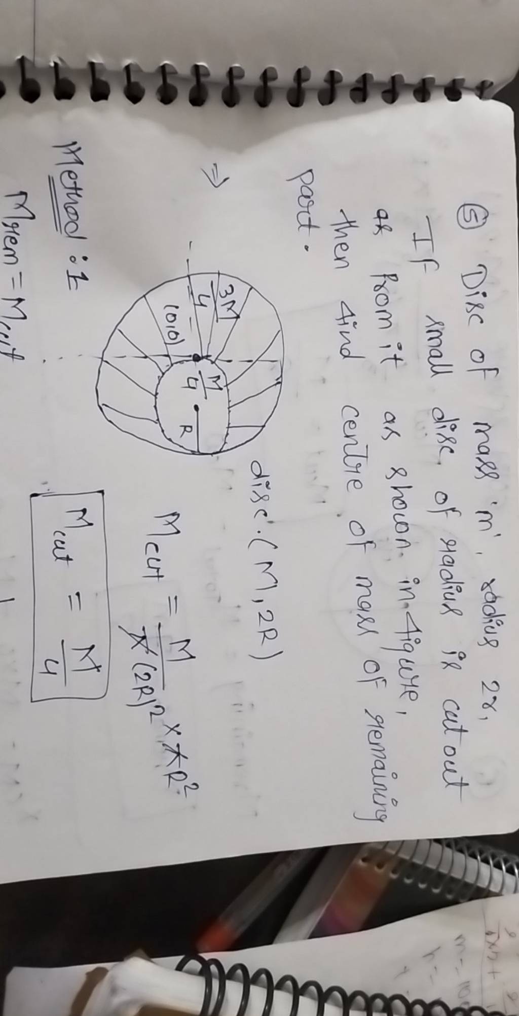 (5) Disc of mass ' m ', radius 2γ, If small disc of radius is cut out as (5) Disc of mass ' m ', radius 2γ, If small disc of radius is cut out as