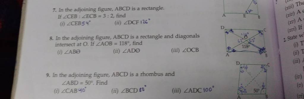 7. In the adjoining figure, ABCD is a rectangle. If ∠CEB:∠ECB=3:2, find