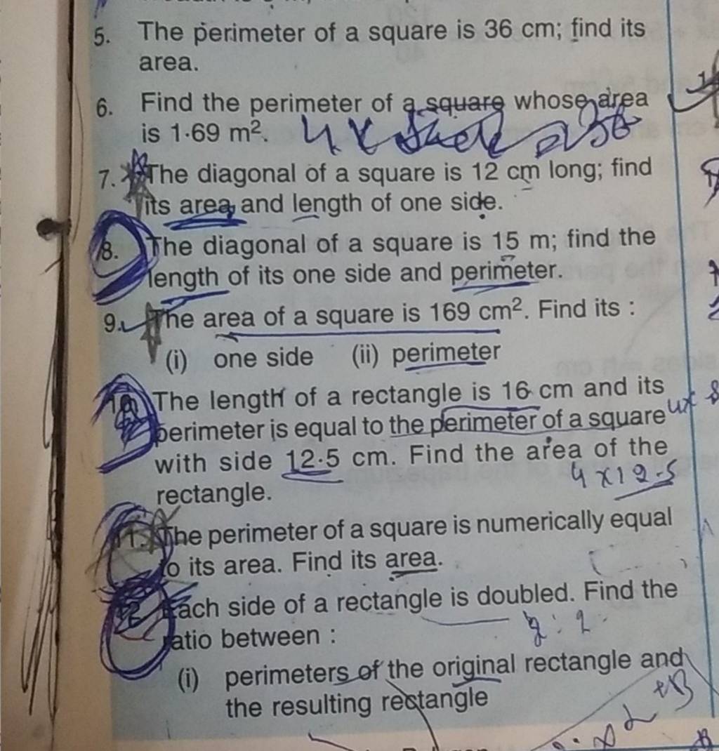 5. The perimeter of a square is 36 cm; find its area. 6. Find the perimet..