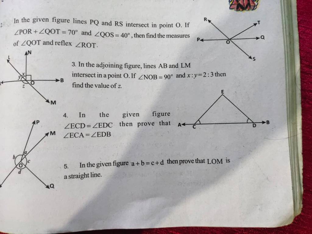 In the given figure lines PQ and RS intersect in point O. If ∠POR+∠QOT=70..