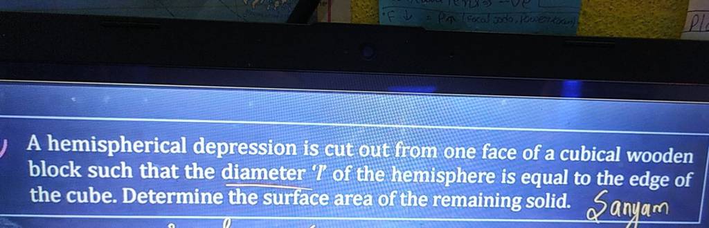 A hemispherical depression is cut out from one face of a cubical wooden b..