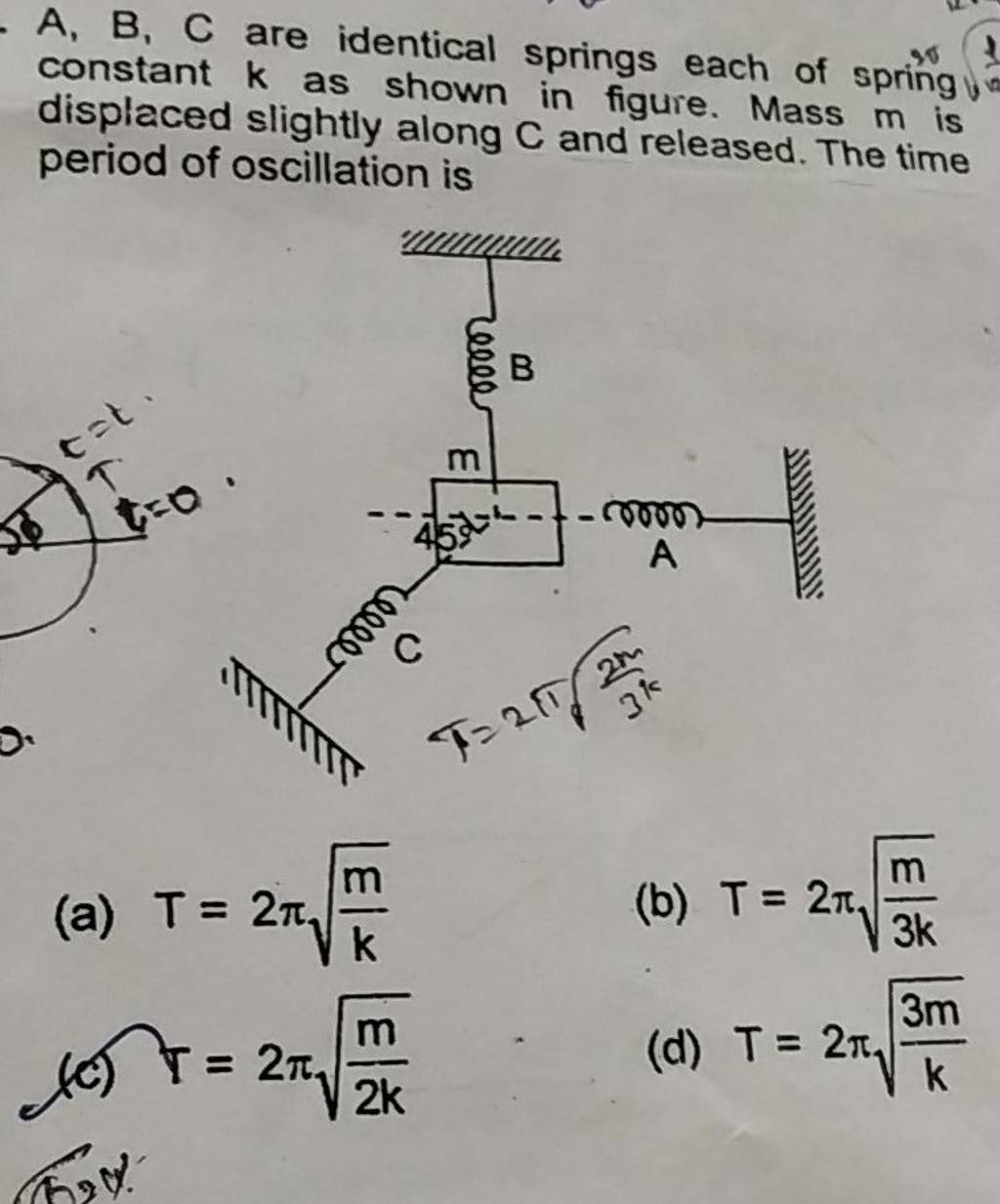 A, B, C are identical springs each of spring constant k as shown in figur..