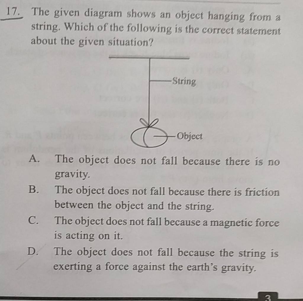 The given diagram shows an object hanging from a string. Which of the fol..