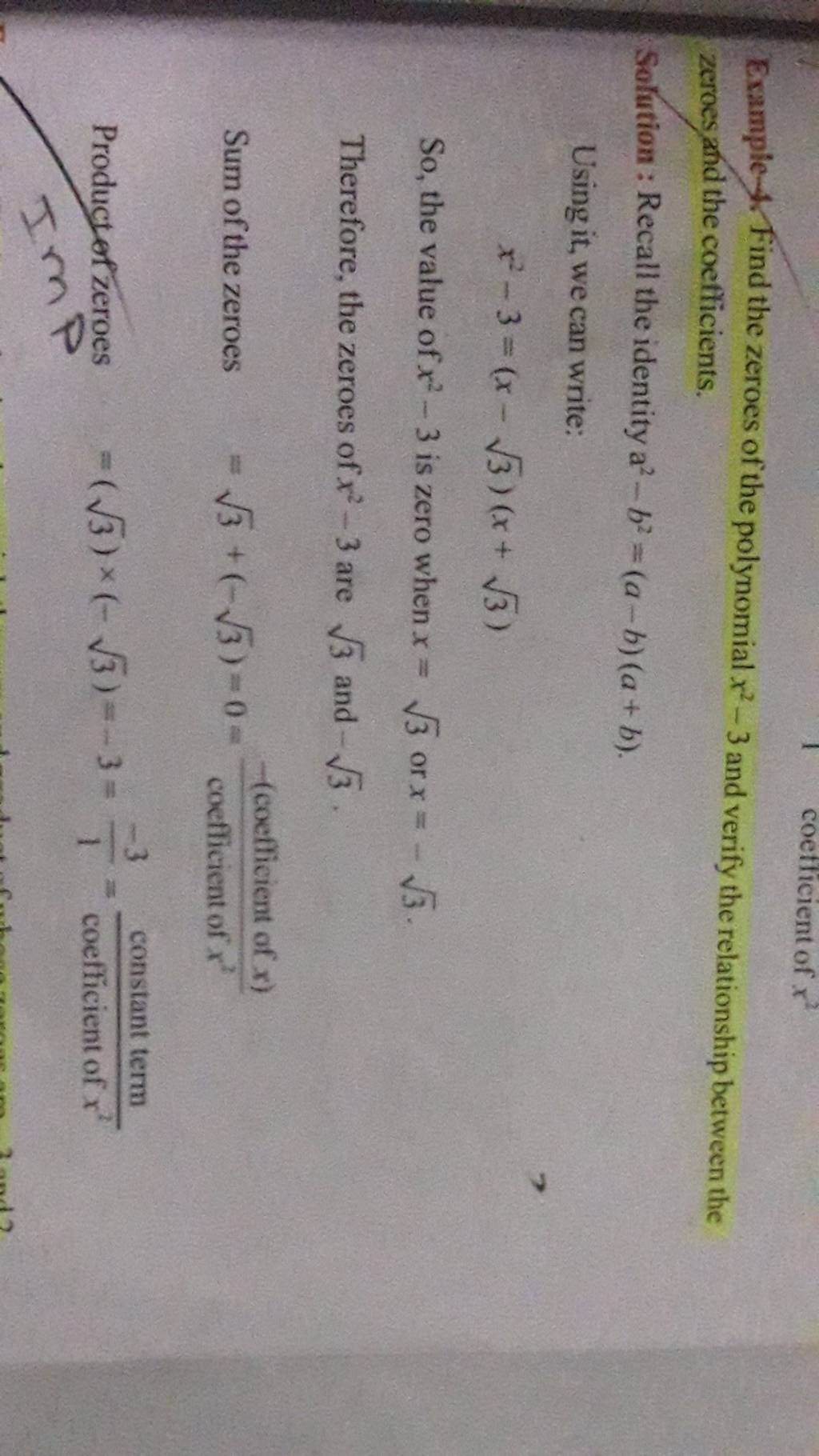 Example 4 Find The Zeroes Of The Polynomial X2−3 And Verify The Relation
