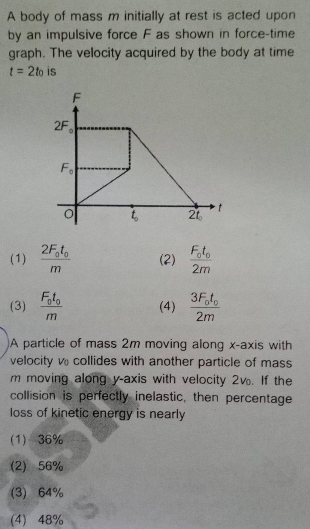 A particle of mass 2m moving along x-axis with velocity v0 collides with..