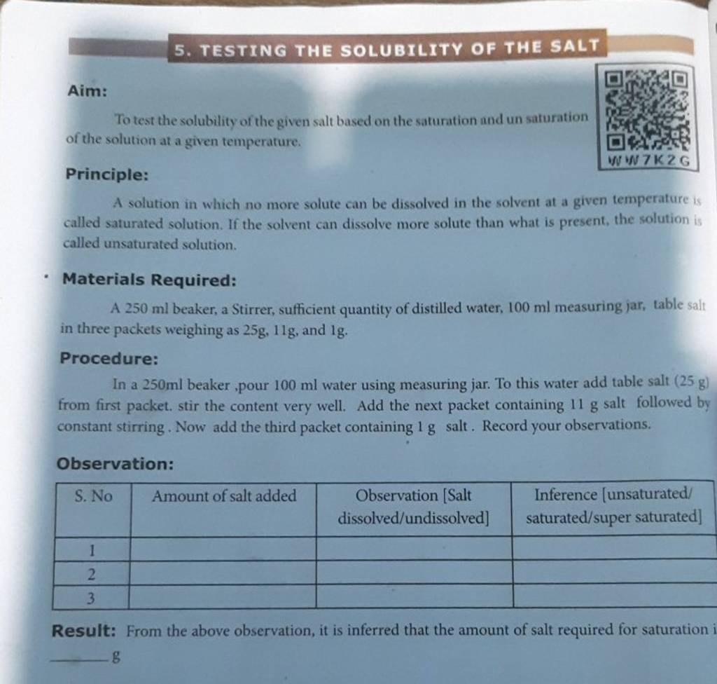 5. TESTING THE SOLUBILITY OF THE SALT Aim: To test the solubility of the