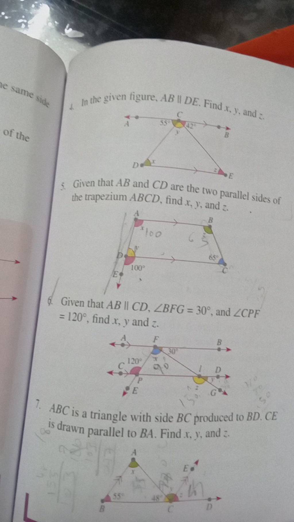 4. In the given figure, AB∥DE. Find x,y, and z. 5. Given that AB and CD a..