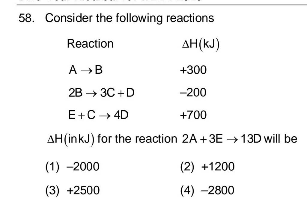 Consider the following reactions Reaction A→B2 B→3C+DE+C→4D ΔH(kJ)+300−2..