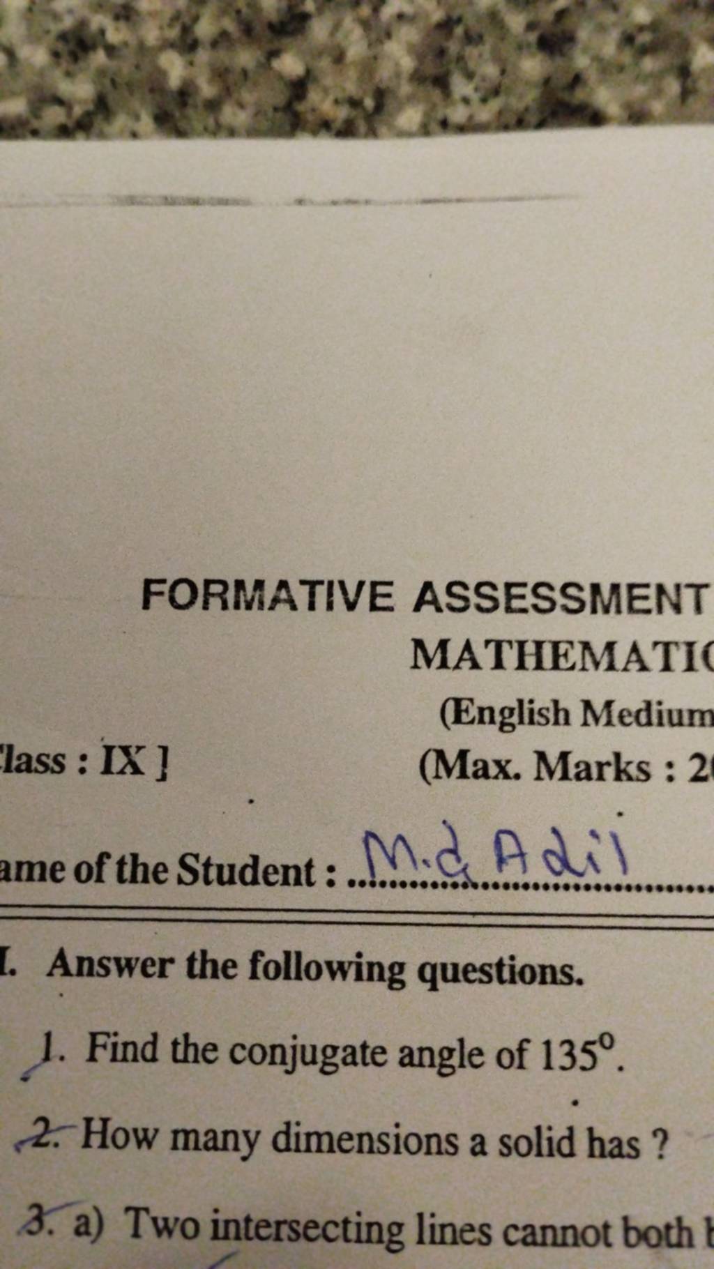 FORMATIVE ASSESSMENT MATHEMATIC (English Medium (Max. Marks : 2 lass : IX..