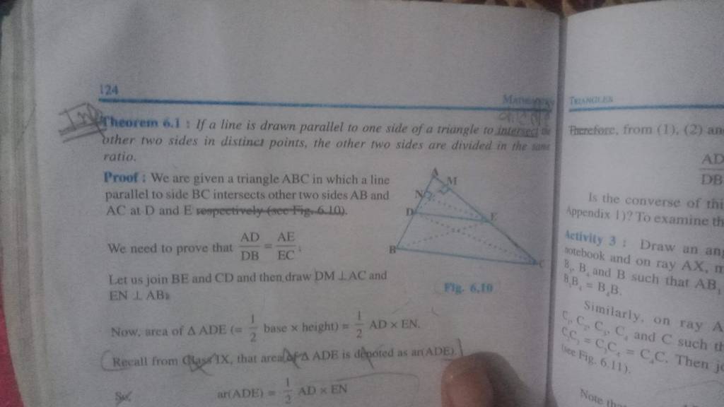 124 Theorem 6.1 : If a line is drawn parallel to one side of a triangle r..