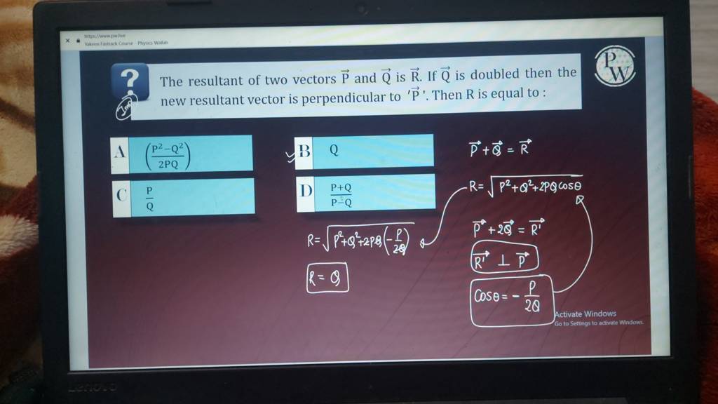 The resultant of two vectors P and Q is R. If Q is doubled then the P n..