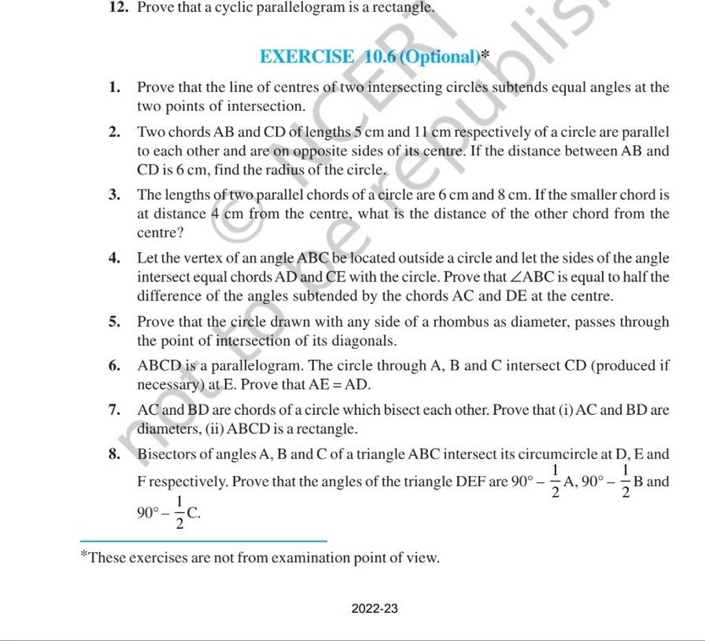 12. Prove that a cyclic parallelogram is a rectangle. EXERCISE 10.6 (Opti..