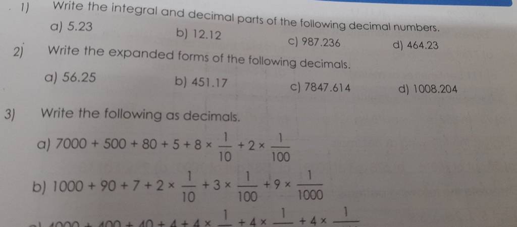 1 Write The Integral And Decimal Parts Of The Following Decimal Numbers