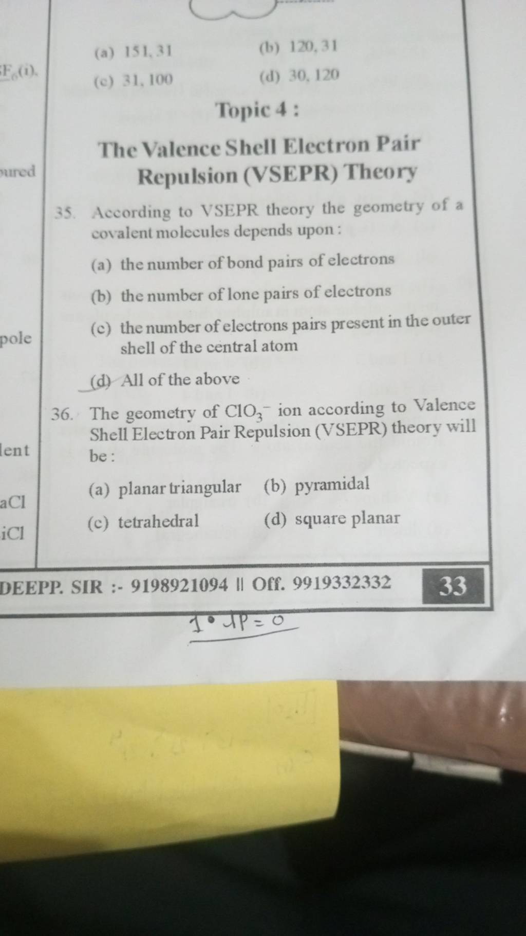 Topic 4 : The Valence Shell Electron Pair Repulsion (VSEPR) Theory 35. Ac..