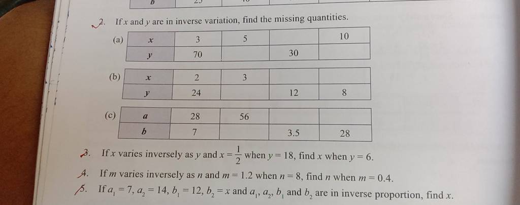2. If x and y are in inverse variation, find the missing quantities. (a)