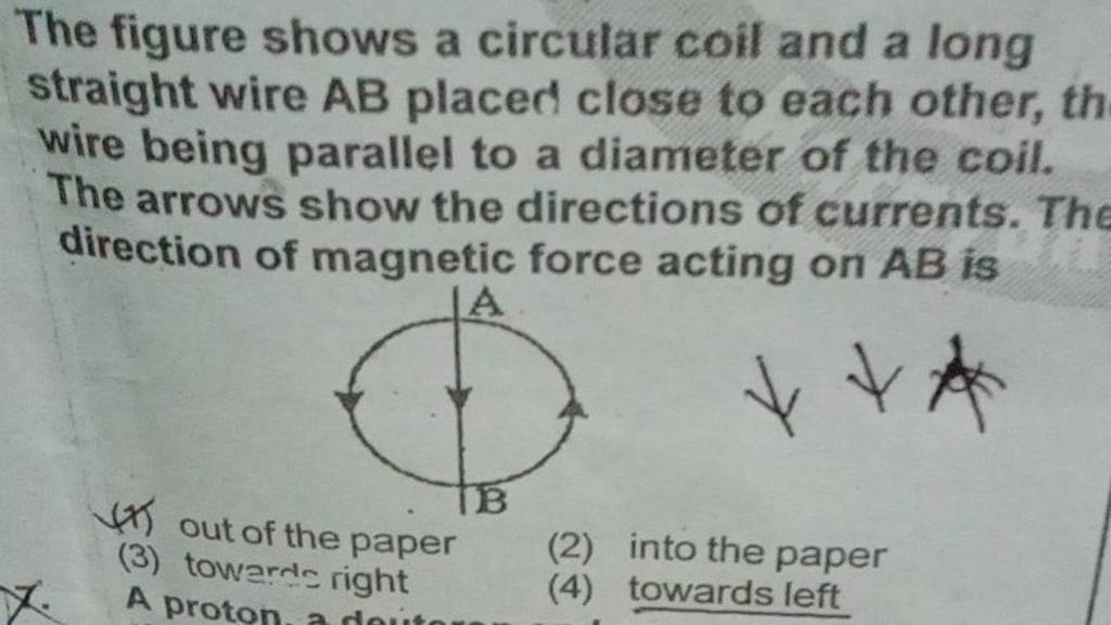 The figure shows a circular coil and a long straight wire AB placed close..