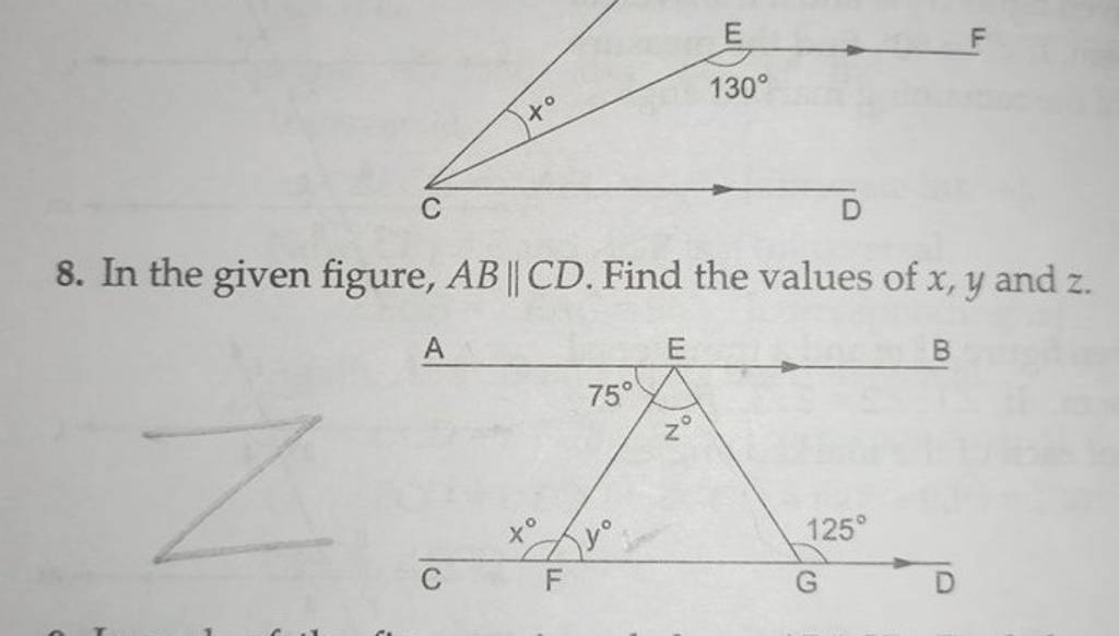 8. In the given figure, AB∥CD. Find the values of x,y and z. | Filo