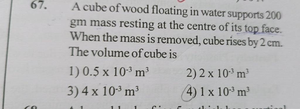 A cube of wood floating in water supports 200 gm mass resting at the cent..