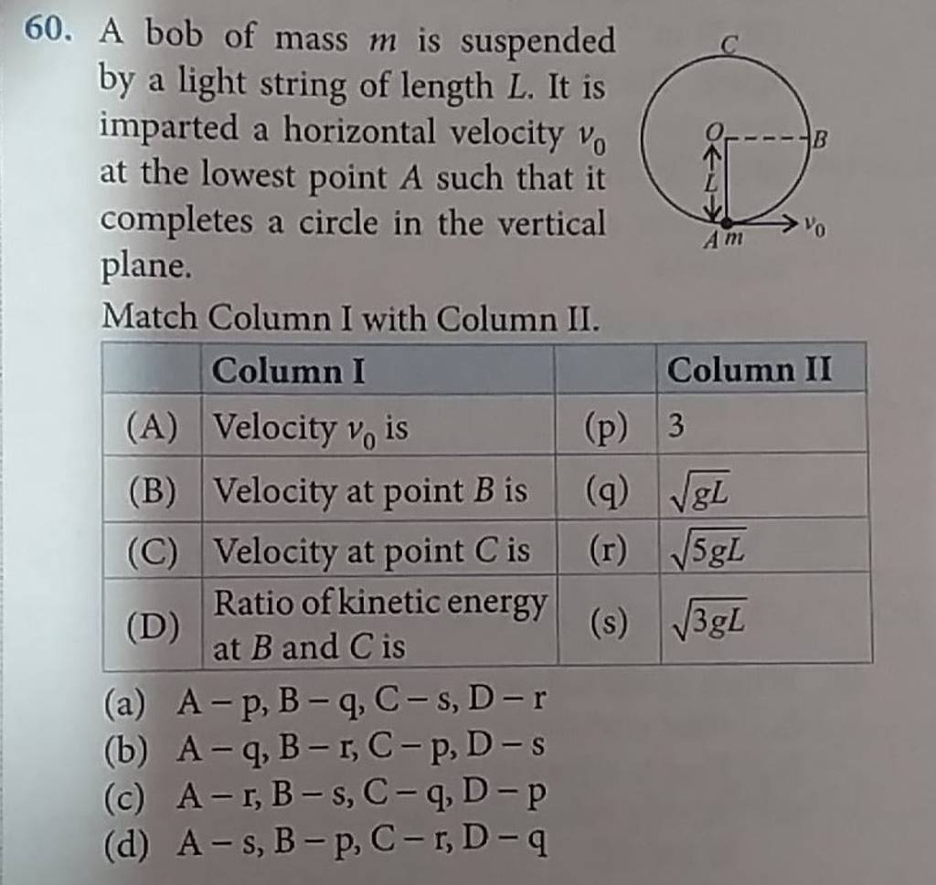 A bob of mass m is suspended by a light string of length L. It is imparte..