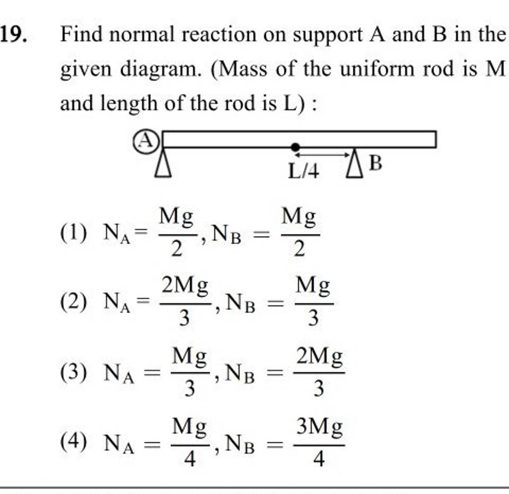 Find normal reaction on support A and B in the given diagram. (Mass of th..