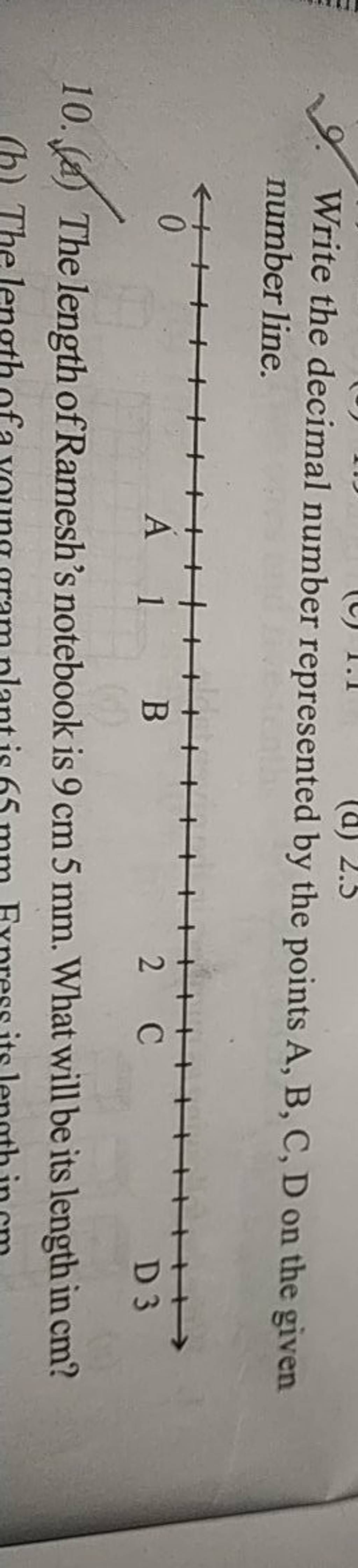 9. Write the decimal number represented by the points A, B, C, D on the g..