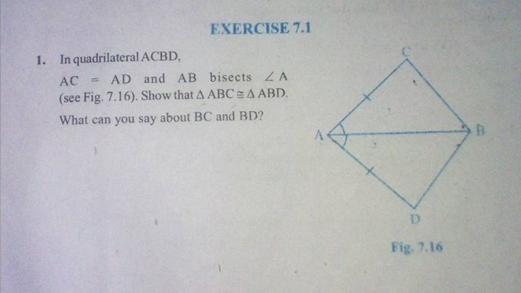 EXERCISE 7.1 1. In quadrilateral ACBD, AC=AD and AB bisects ∠A (see Fig.