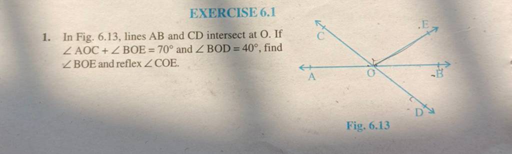 EXERCISE 6.1 1. In Fig. 6.13, lines AB and CD intersect at O. If ∠AOC+∠BO..