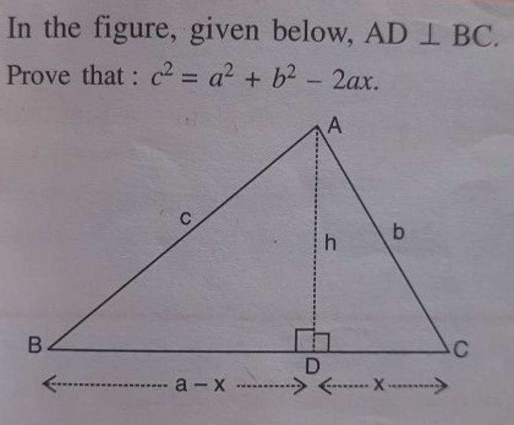 In the figure, given below, AD⊥BC. Prove that : c2=a2+b2−2ax | Filo