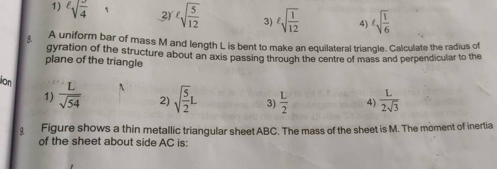 A uniform bar of mass M and length L is bent to make an equilateral trian..