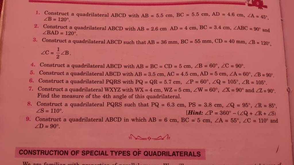 1. Construct a quadrilateral ABCD with AB=5.5 cm,BC=5.5 cm,AD=4.6 cm,∠A=4..