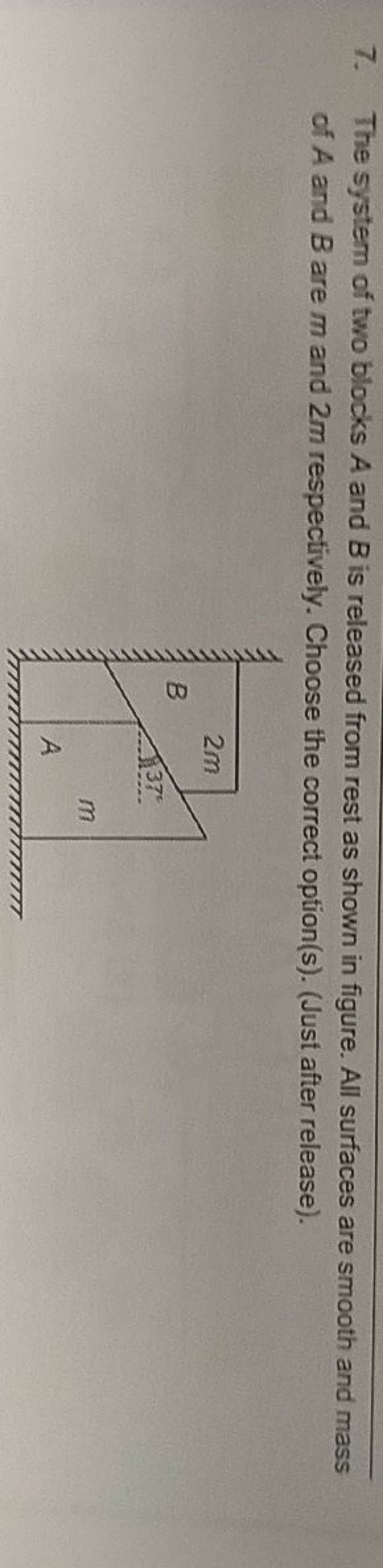 7. The system of two blocks A and B is released from rest as shown in fig..