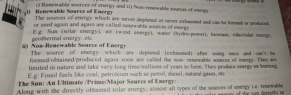 i) Renewable sources of energy and ii) Non-renewable sources of energy i)..