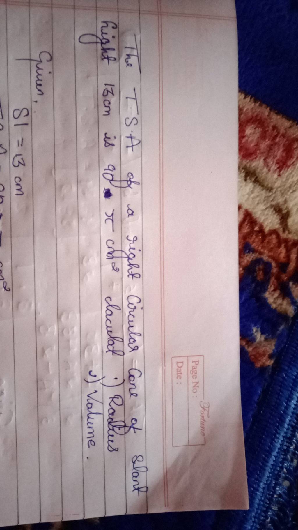 The TSA of a right Circular Cone of slant Given, SI=13 cm | Filo