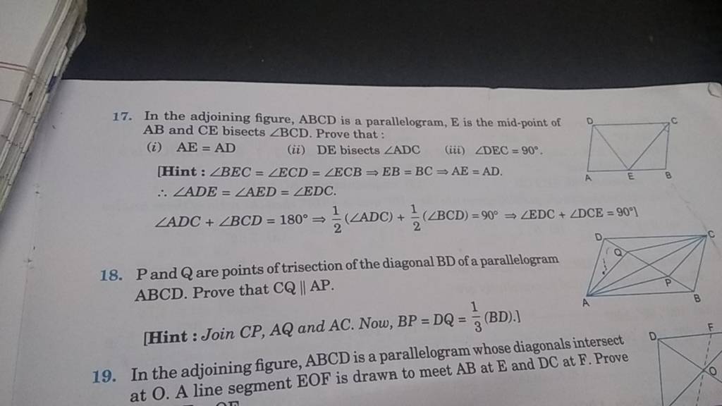 17. In the adjoining figure, ABCD is a parallelogram, E is the mid-point